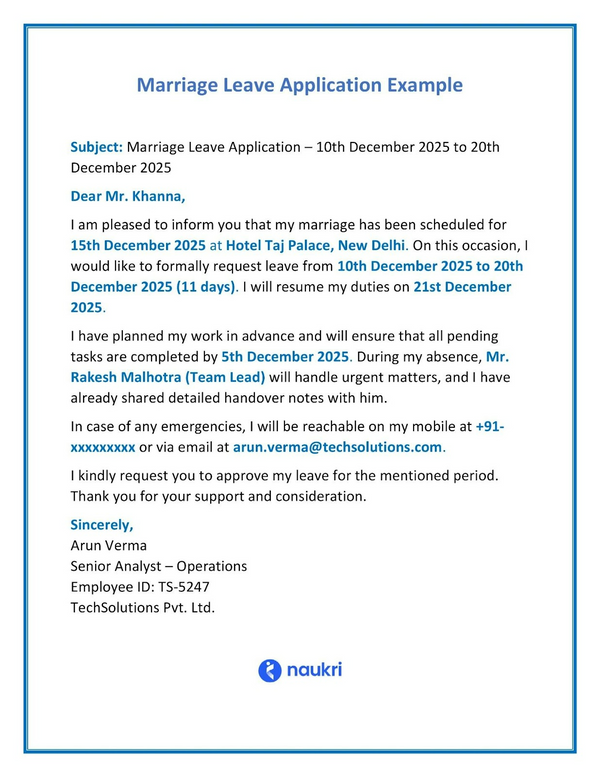 Leave Application for Marriage: Format & Samples | Naukri.com
