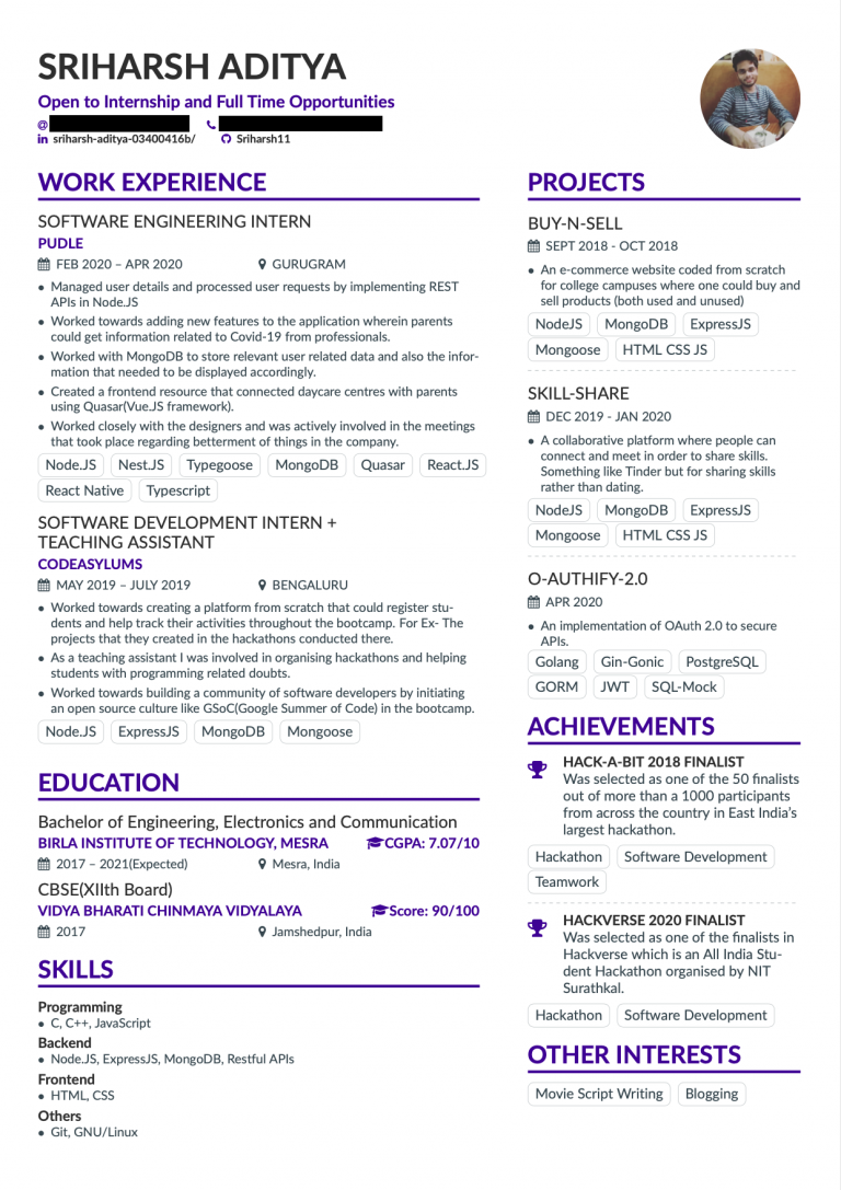 Resume for Software Engineer Freshers - CV Format, Samples