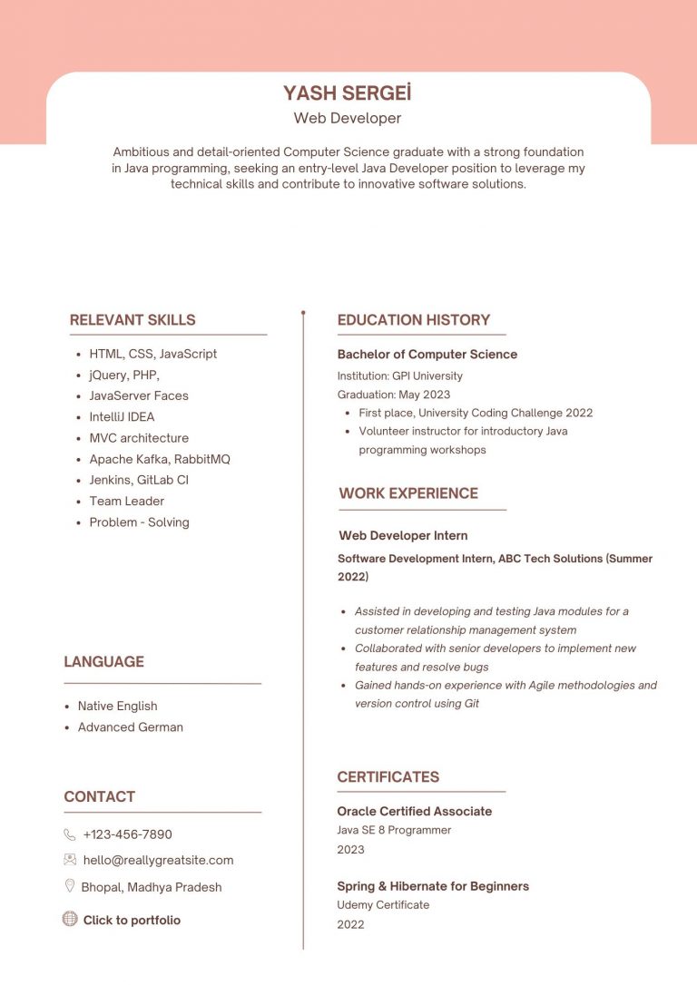 Resume For Java Developer Fresher - How to Write, Example