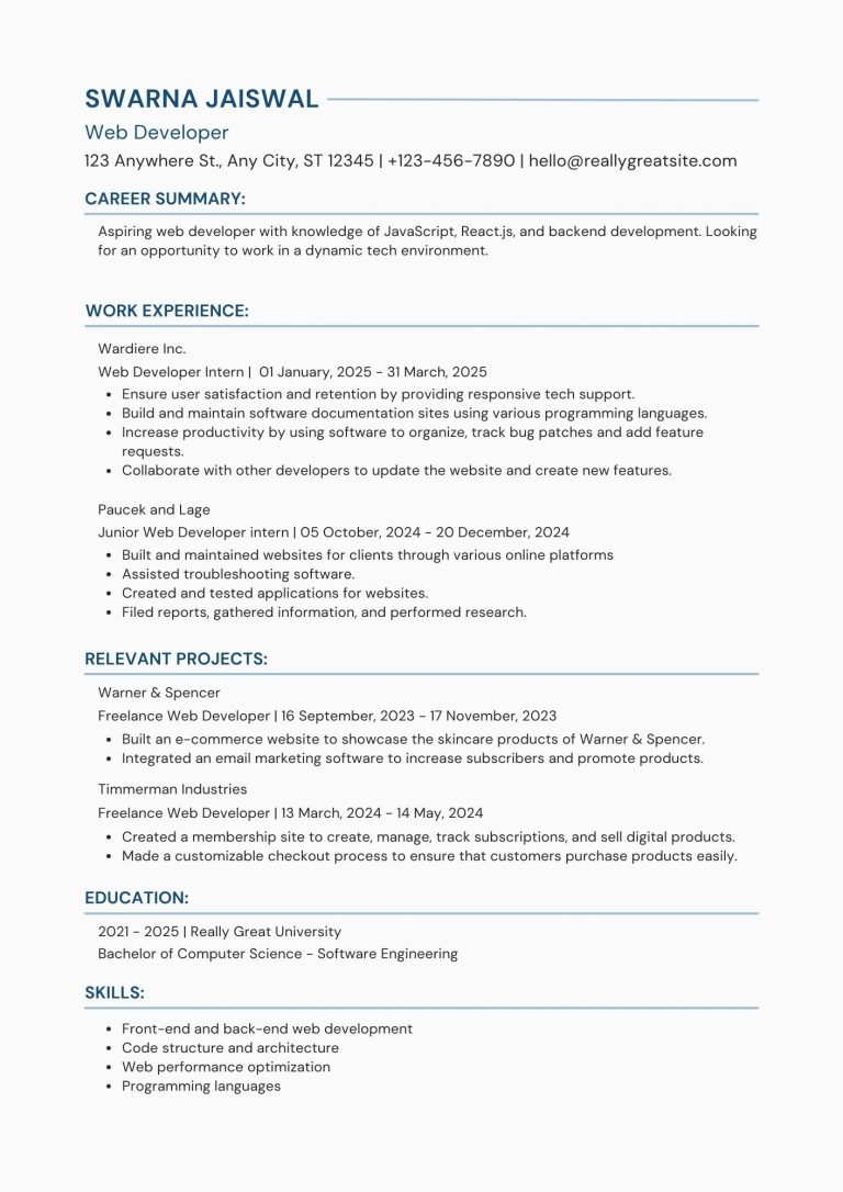 Web Developer Fresher Resume: Format, Skills and Examples